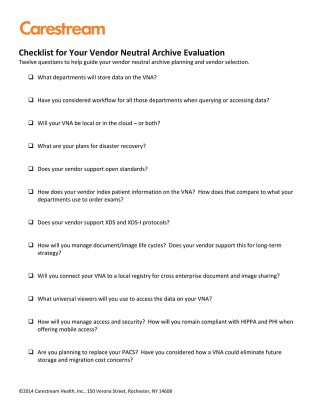 VNA Technology-Evaluation Checklist | PDF