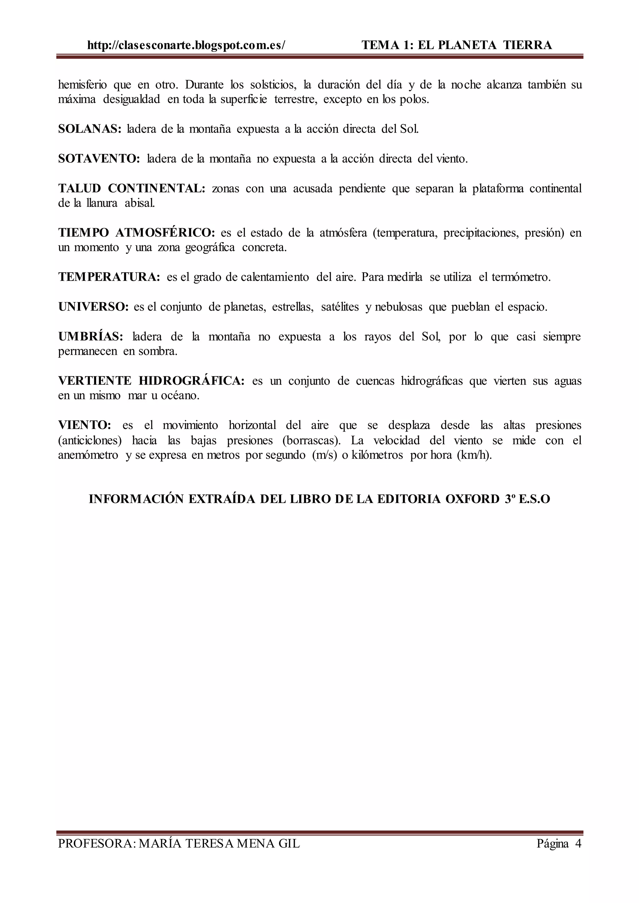 Vobabulario tema 1 de 3 eso el planeta tierra | DOCX
