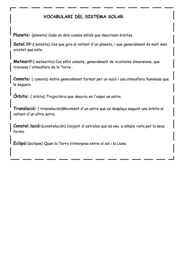 Vocabulari del sistema solar | DOC
