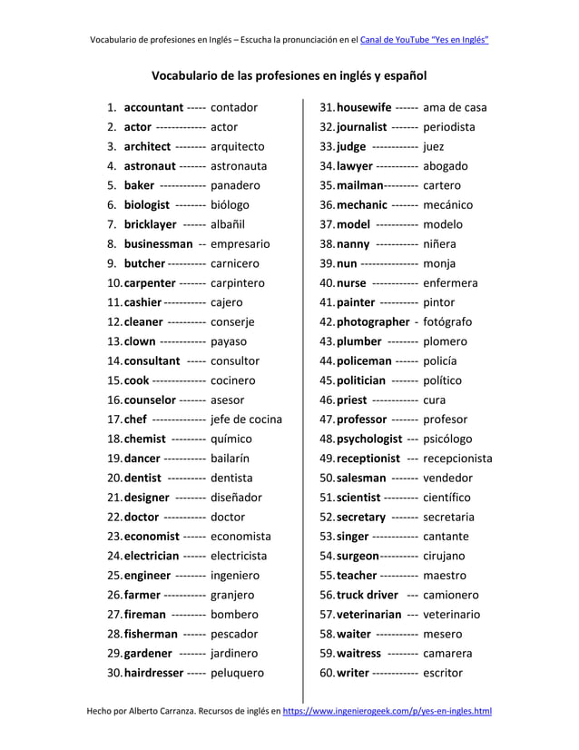Vocabulario de las profesiones en inglés y español - Ocupaciones o ...