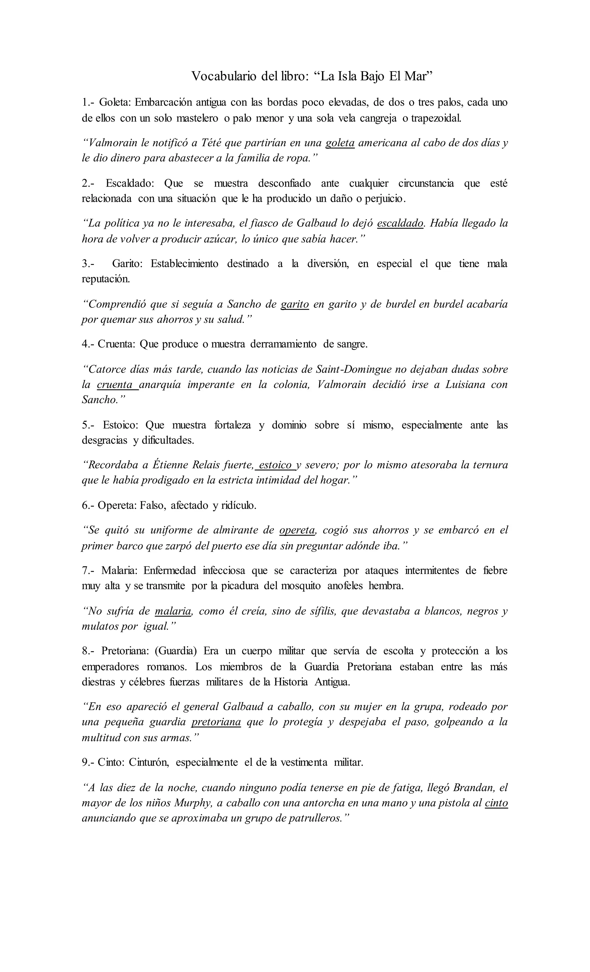 Vocabulario del libro la isla bajo el mar | DOCX