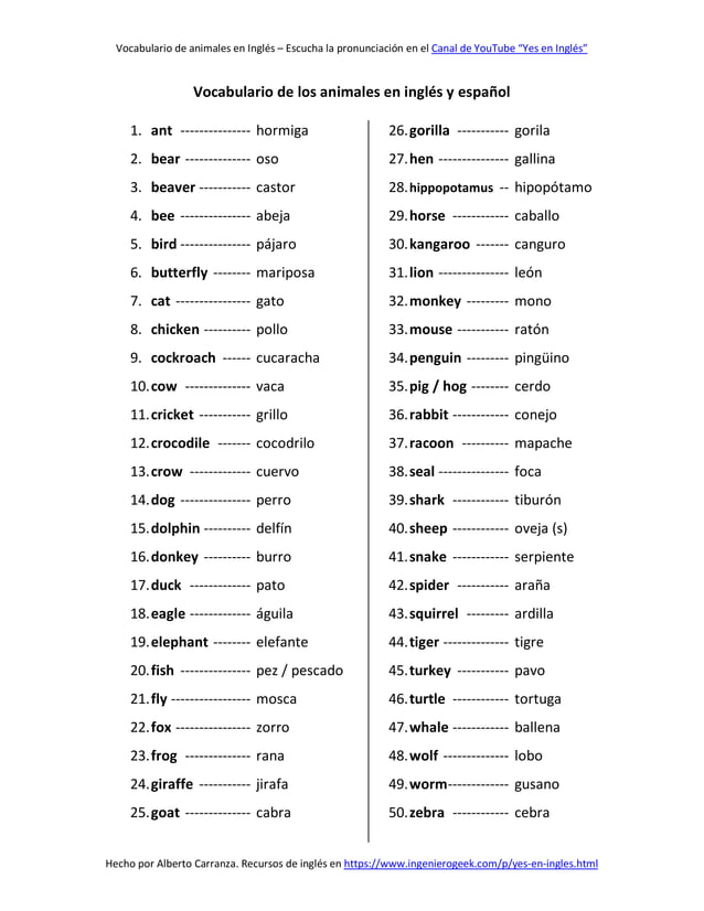 Vocabulario de los animales en inglés y español - Lista de palabras | PDF Vocabulario de los animales en inglés y español - Lista de palabras | PDF
