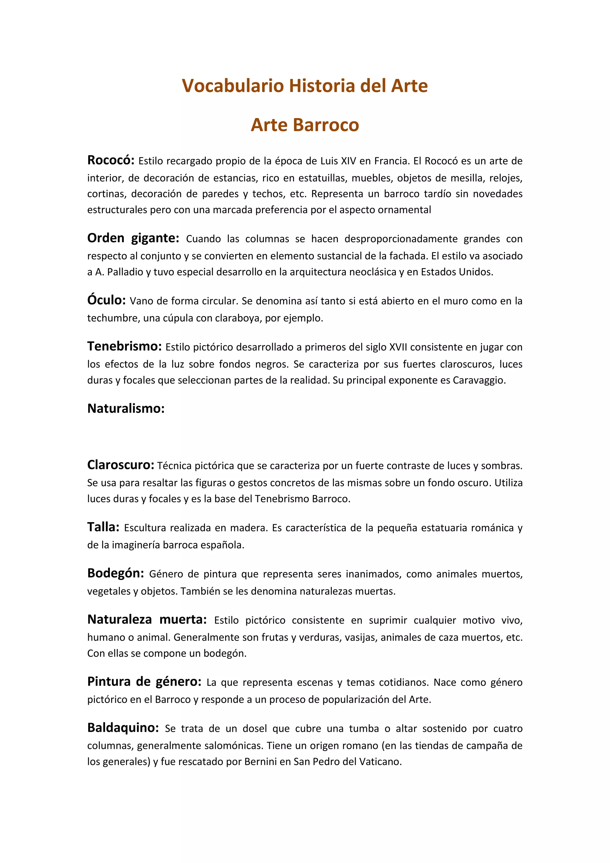 Vocabulario historia del arte barroco y renacimiento | DOCX