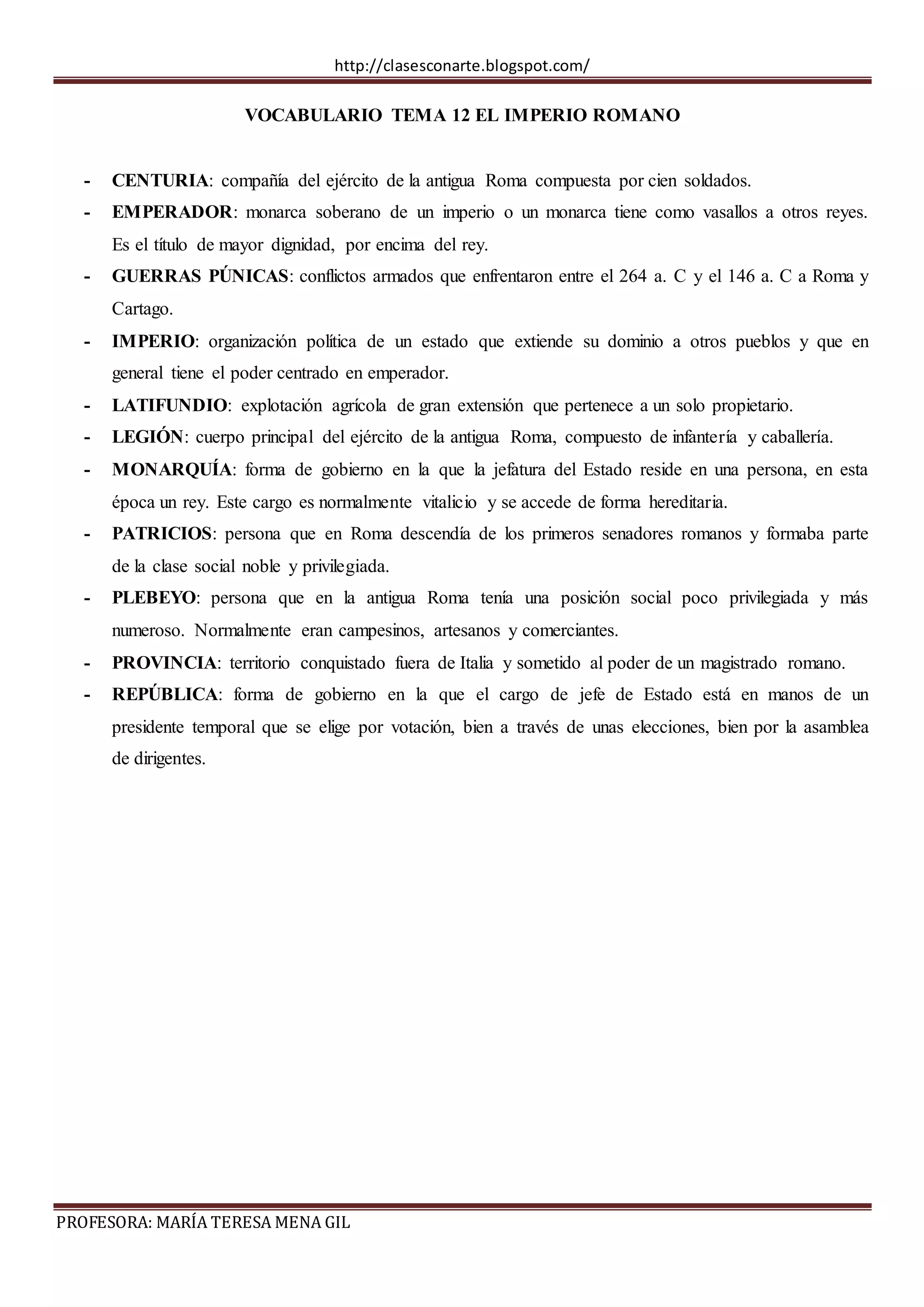 Vocabulario tema 12 el imperio romano | DOCX