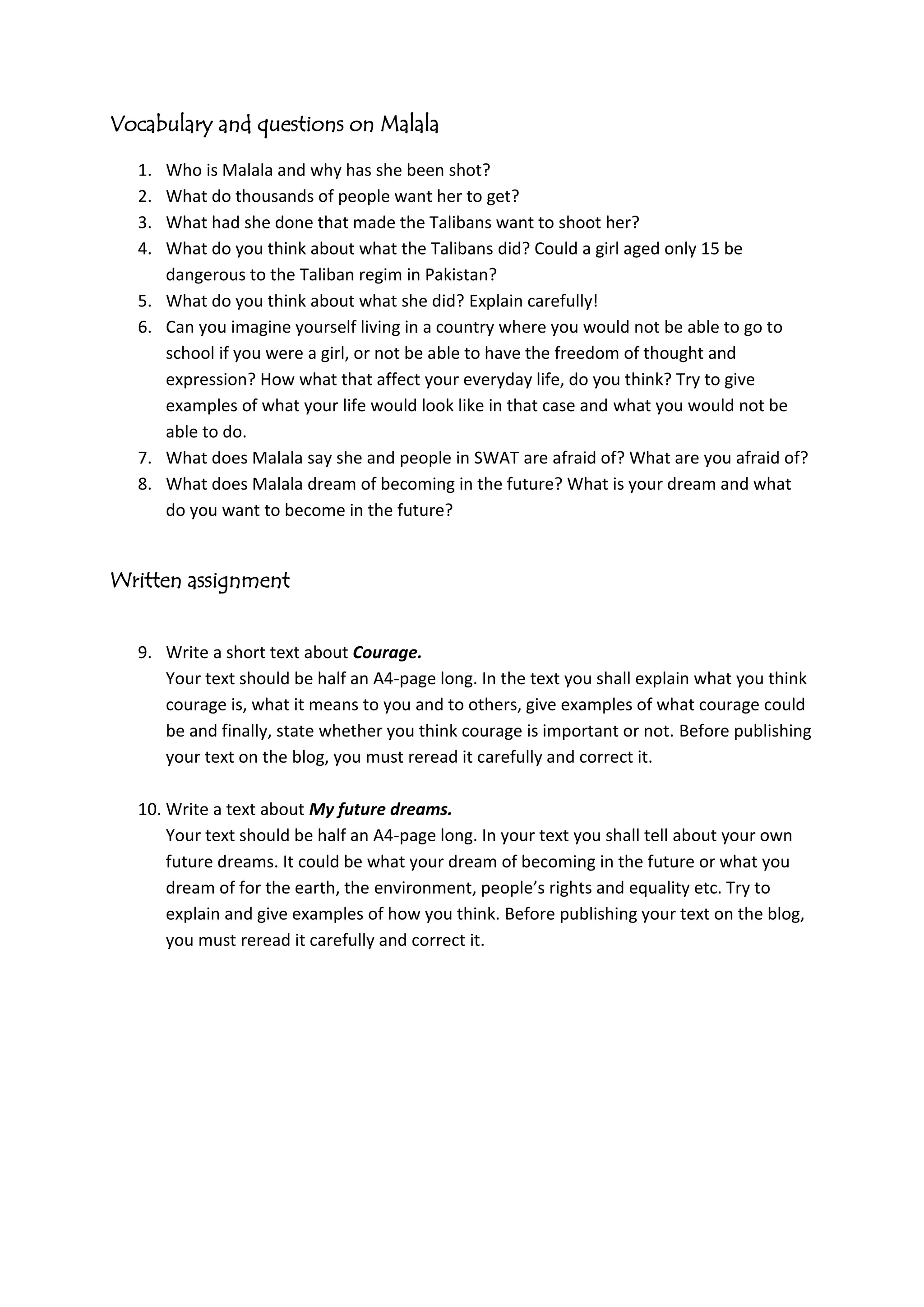 Vocabulary and questions on malala | DOCX