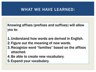 Vocabulary building: Sufixes and Prefixes | PDF