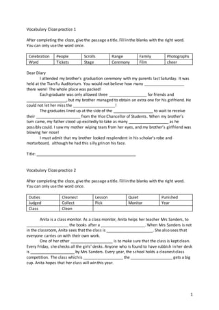 Vocabulary cloze practice 1 | PDF
