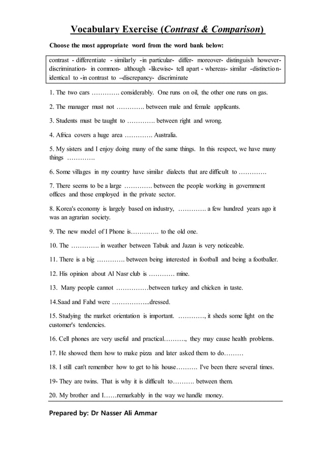 Vocabulary exercise contrast & comparison | PDF