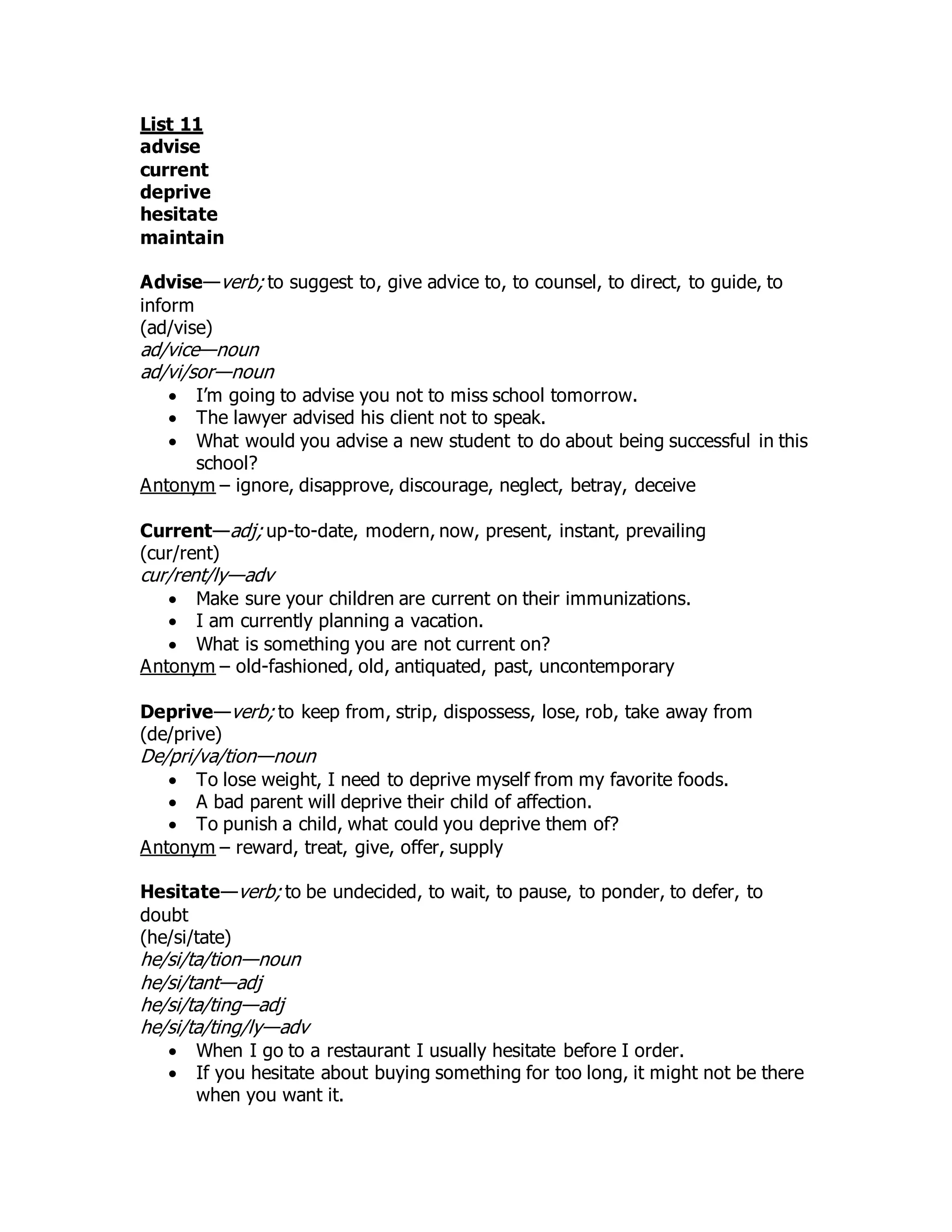 Vocabulary exercises for list 11 | DOCX