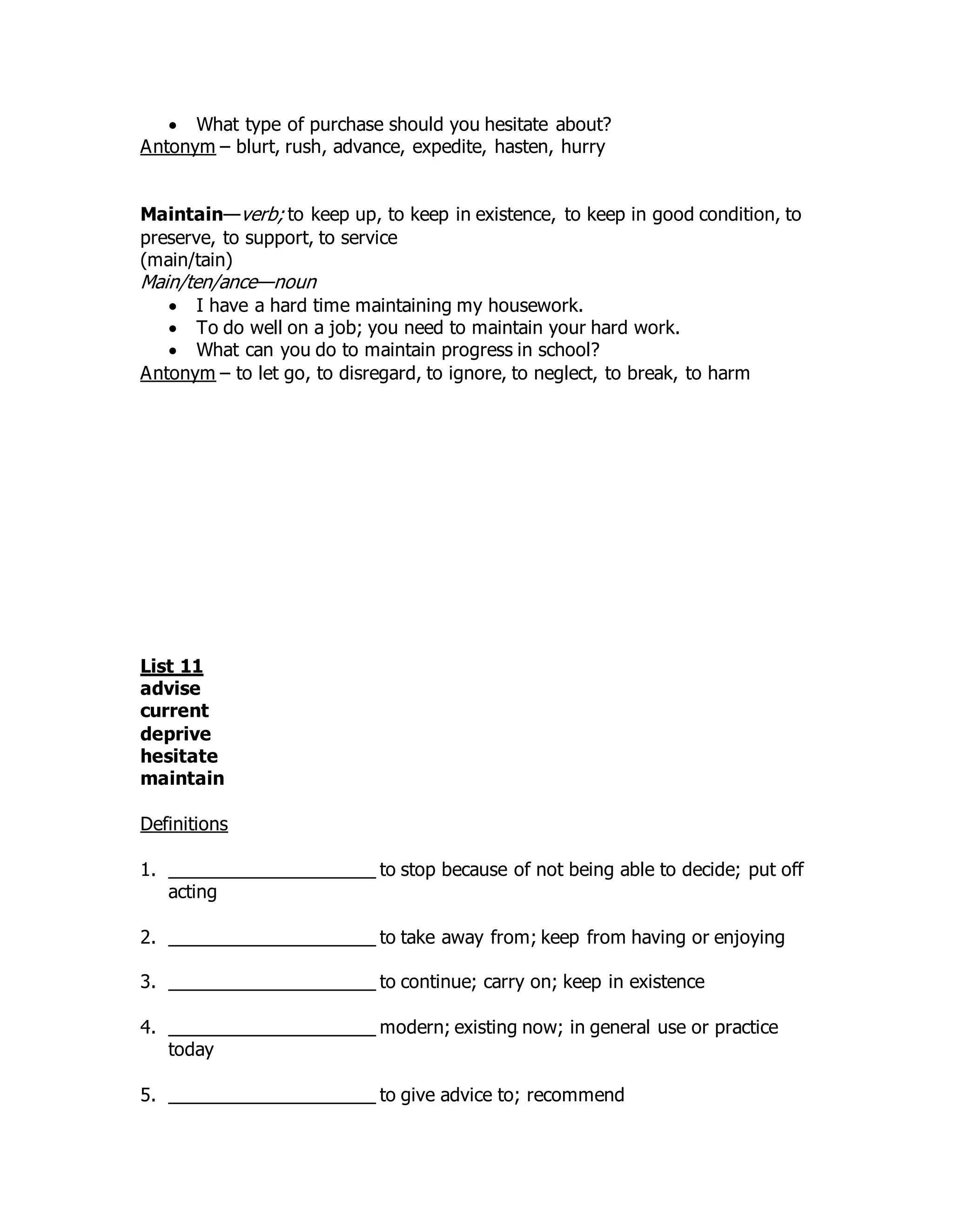 Vocabulary exercises for list 11 | DOCX