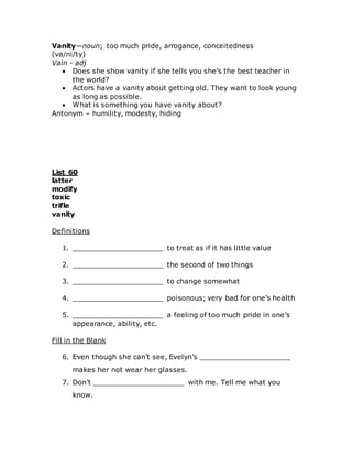 Vocabulary exercises for list 60 | DOCX | Hair Care | Beauty