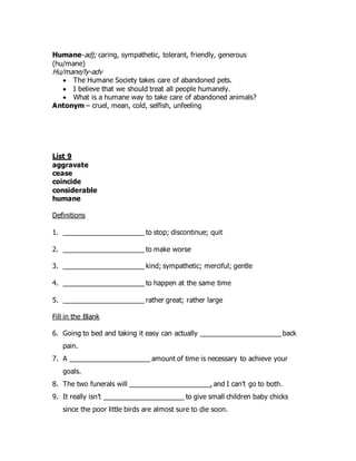 Vocabulary exercises for list 9 | PDF