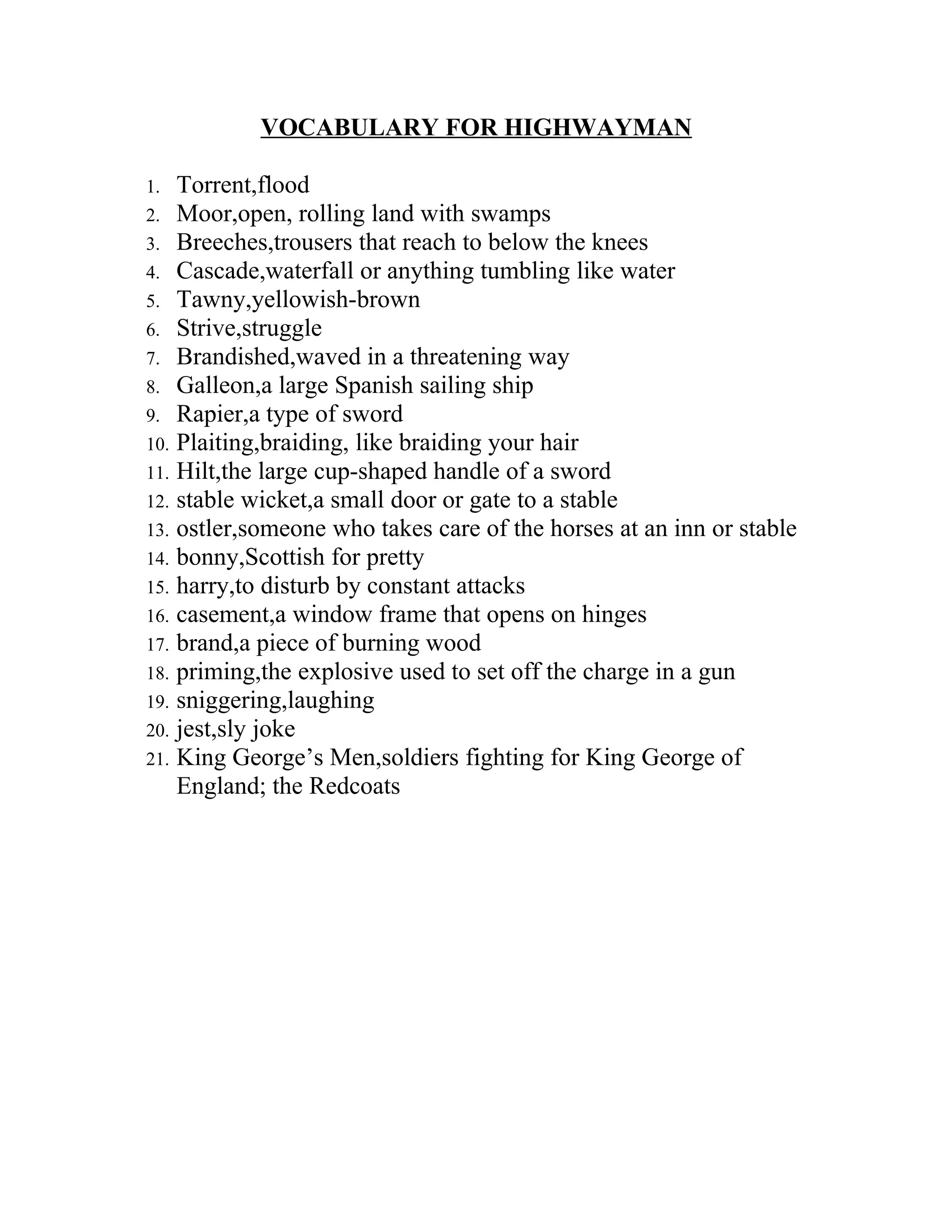 Vocabulary for highwayman | DOC