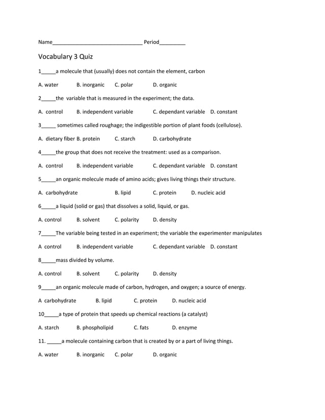 Vocabulary quiz 3 comp through enzymes | DOC