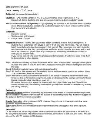 Vocabulary Squares Lesson | PDF | Homework and Study | Education