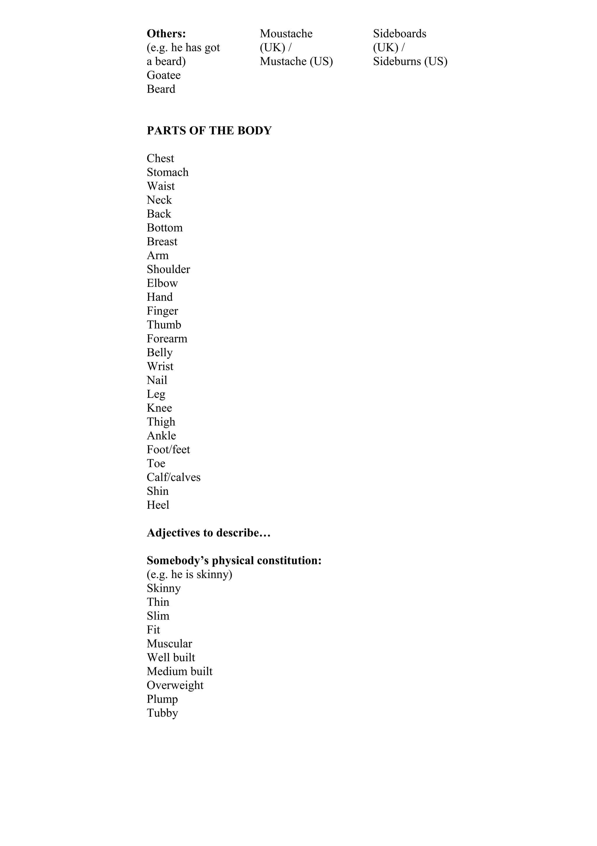 Vocabulary to describe body and face features | DOC