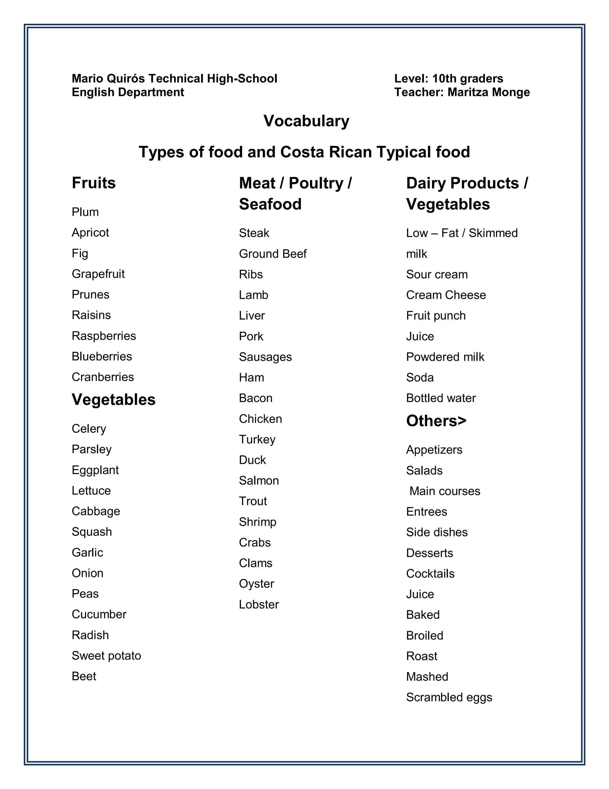 Vocabulary: types of food | PDF