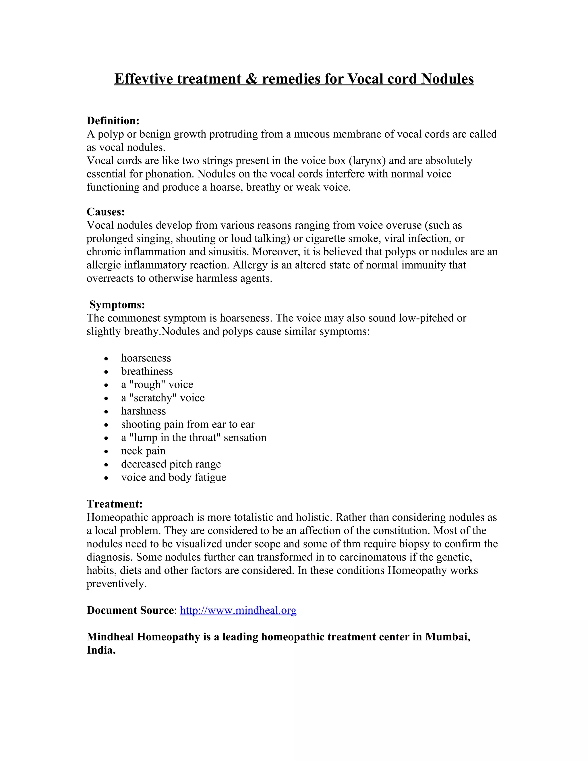 Vocal cord nodules and its homeopathic treatment | DOC