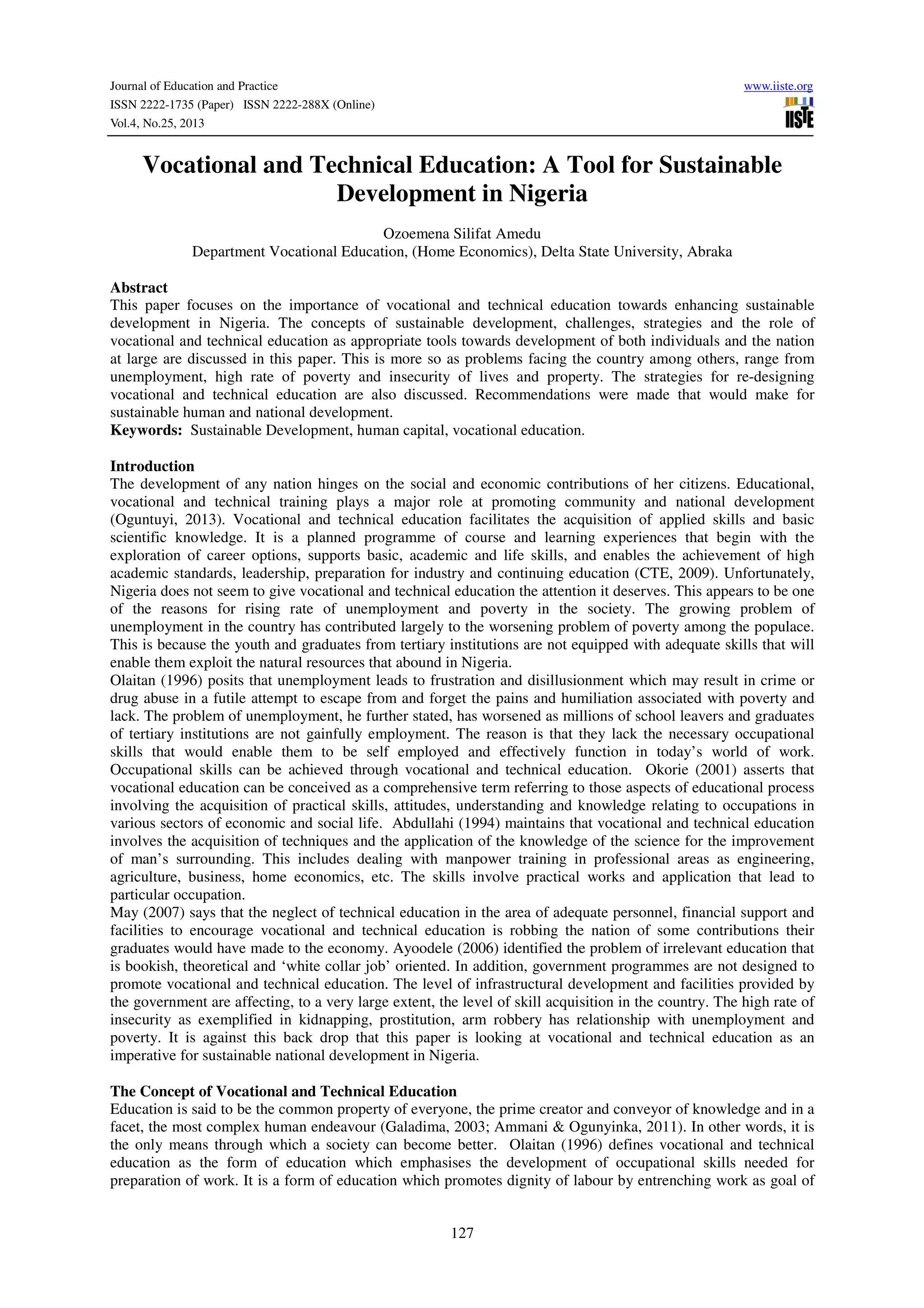 Vocational and technical education a tool for sustainable development ...