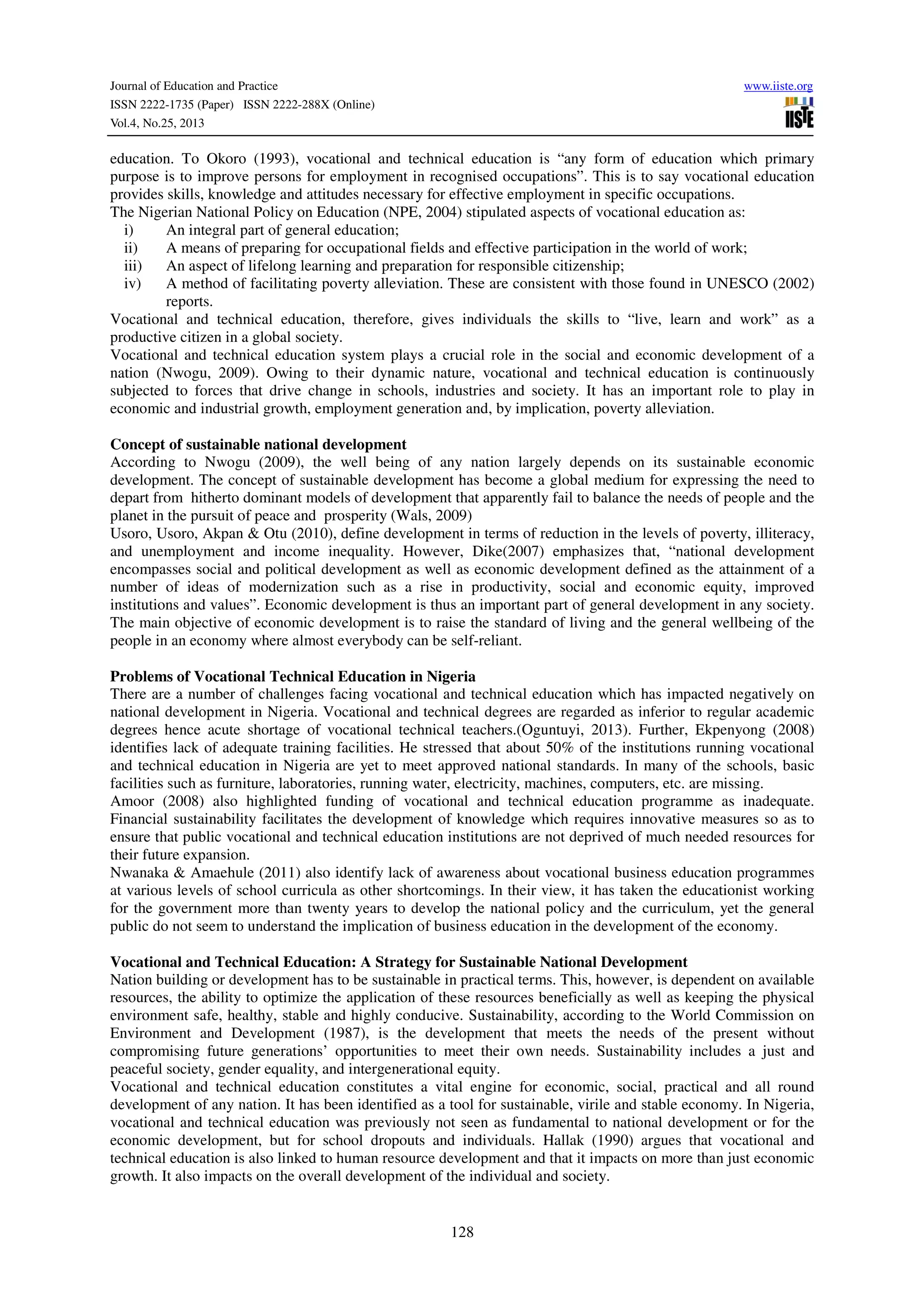Vocational and technical education a tool for sustainable development ...