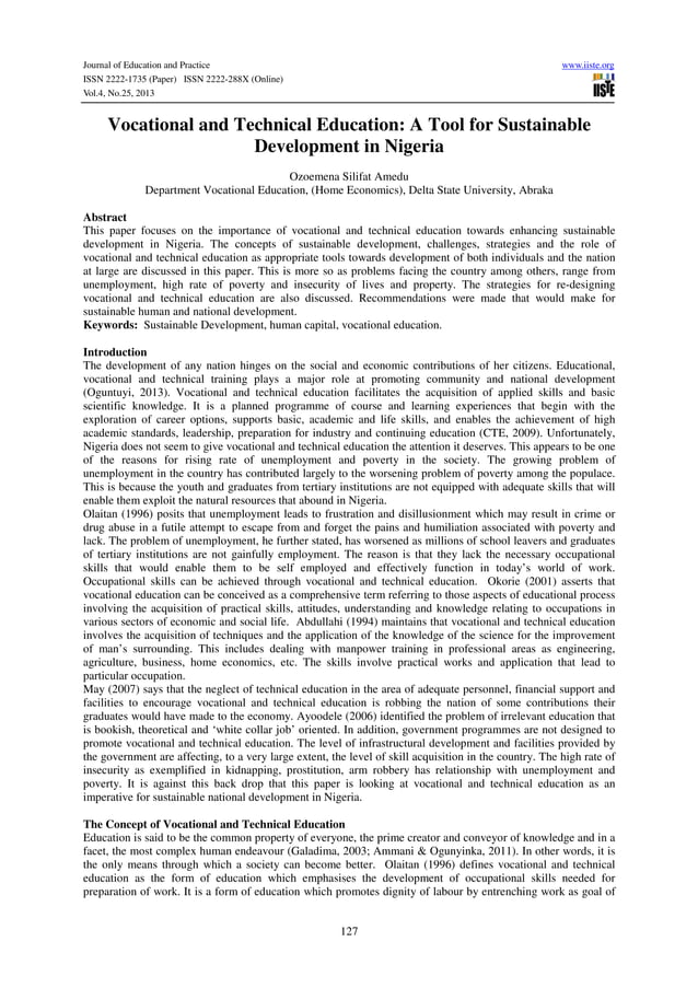 Vocational and technical education a tool for sustainable development in nigeria | PDF