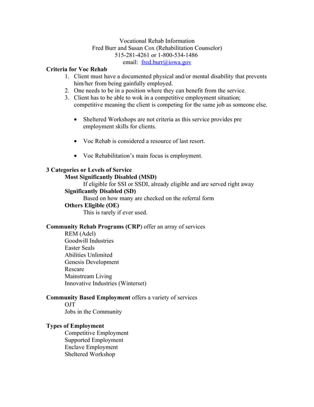 Voc Rehab 4 15 09 | DOC | Physical Therapy | Wellness