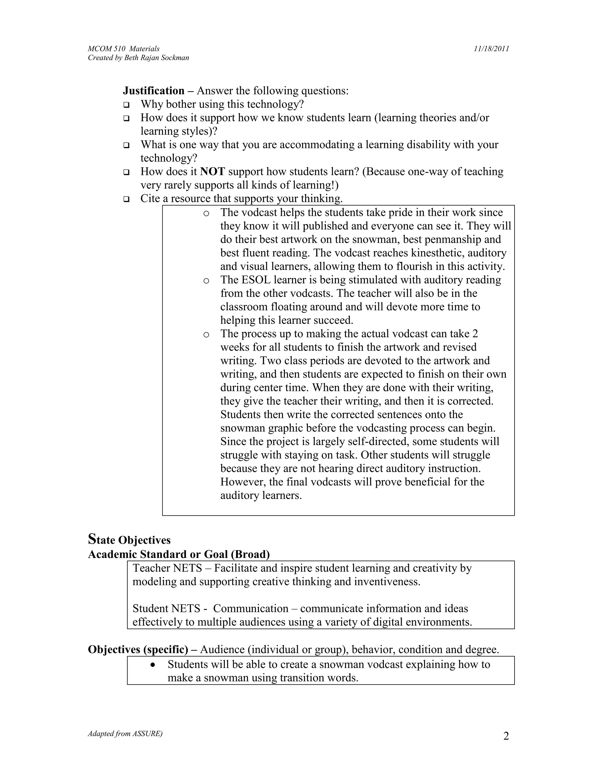 Vodcast Lesson Plan | DOCX | Homework and Study | Education