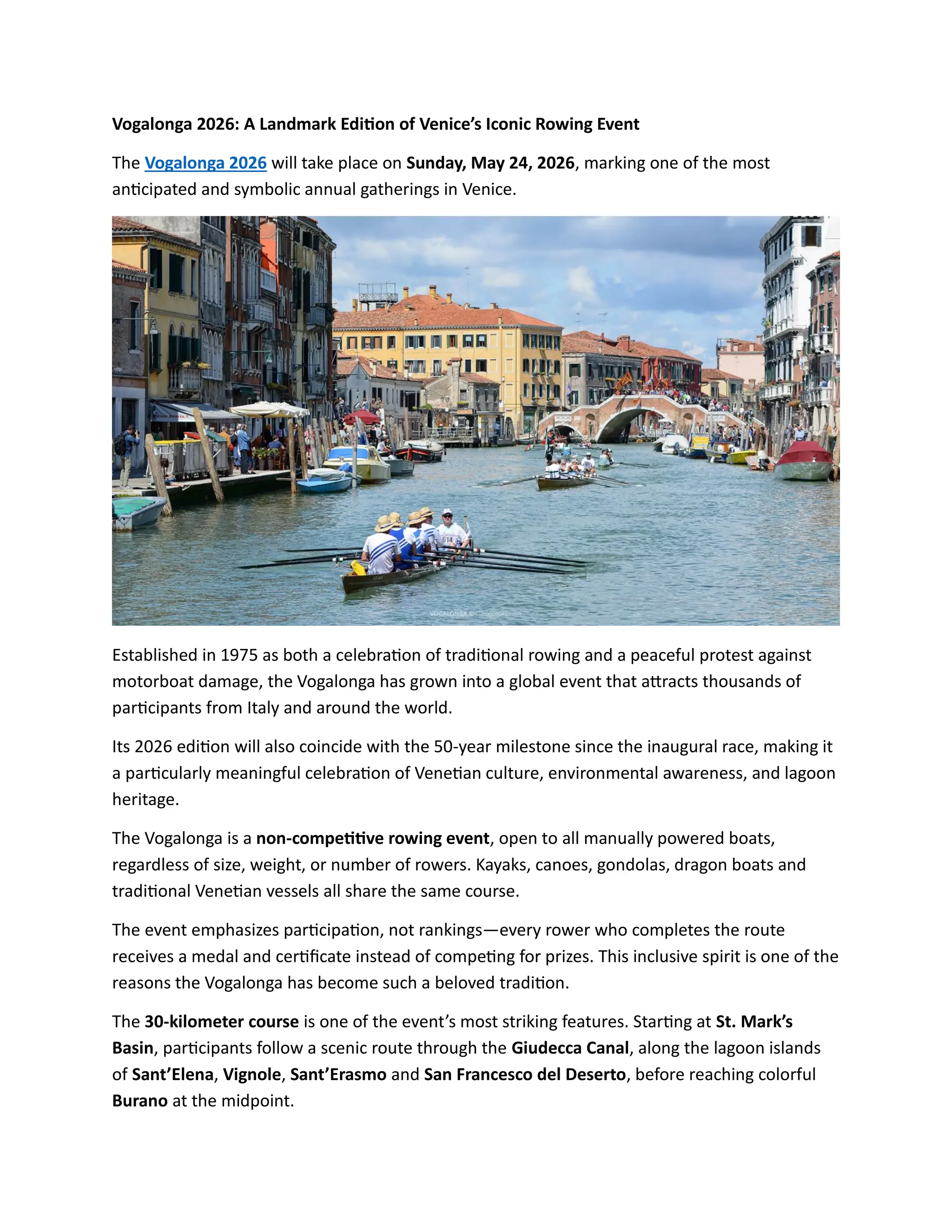Vogalonga 2026: A Landmark Edition of Venice’s Iconic Rowing Event | PDF