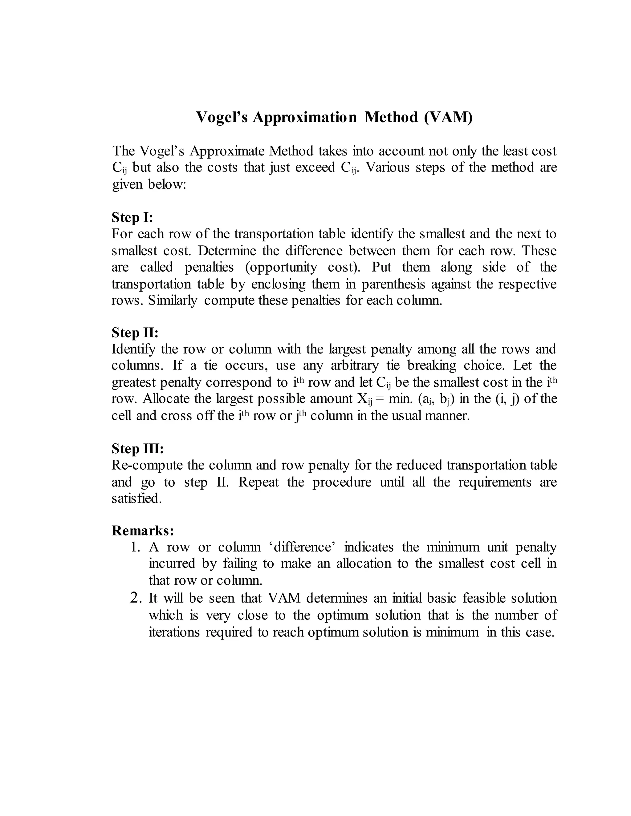 Vogel’s Approximation Method (VAM) | DOCX