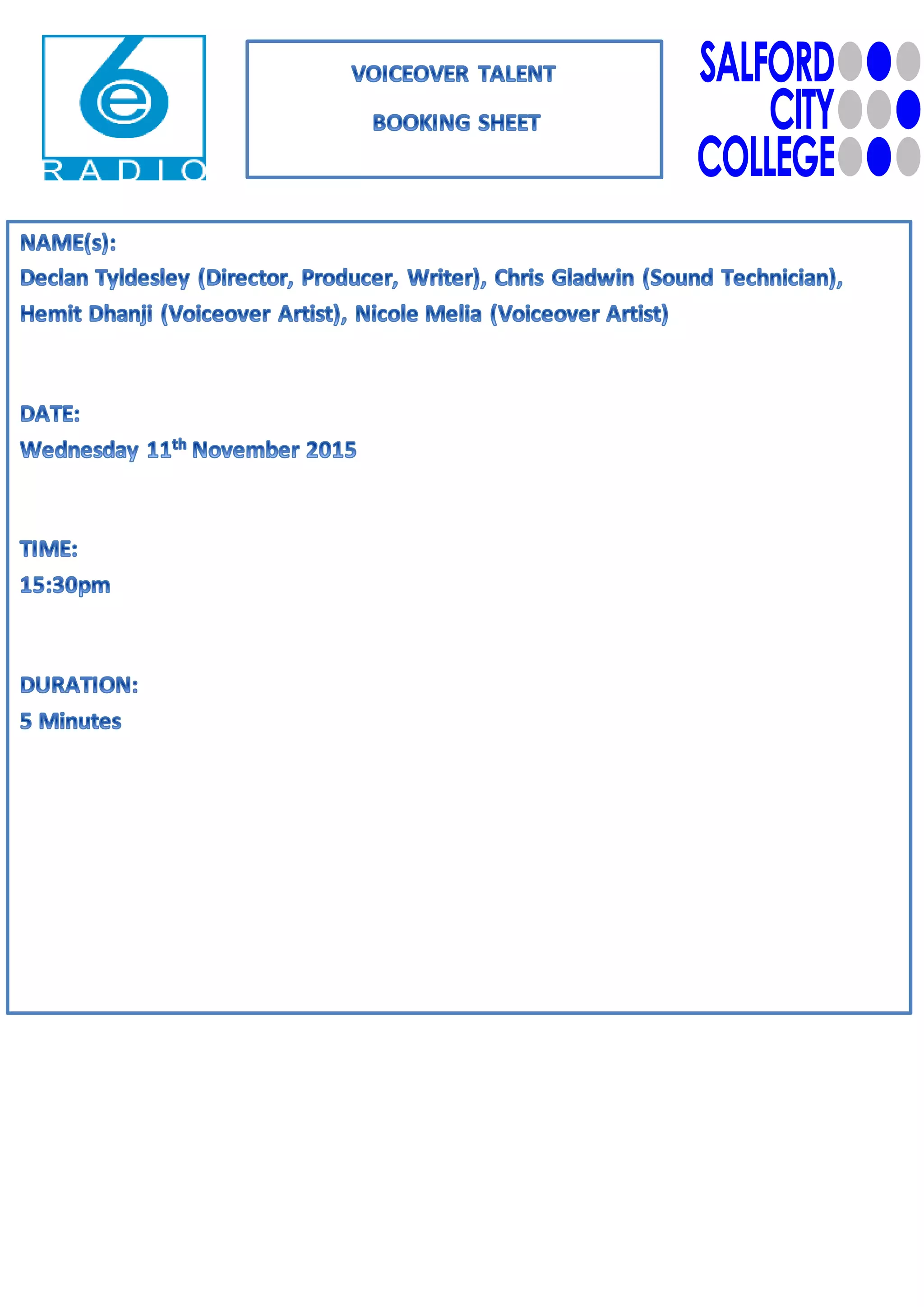 Voiceover Artist Booking Sheet | DOCX