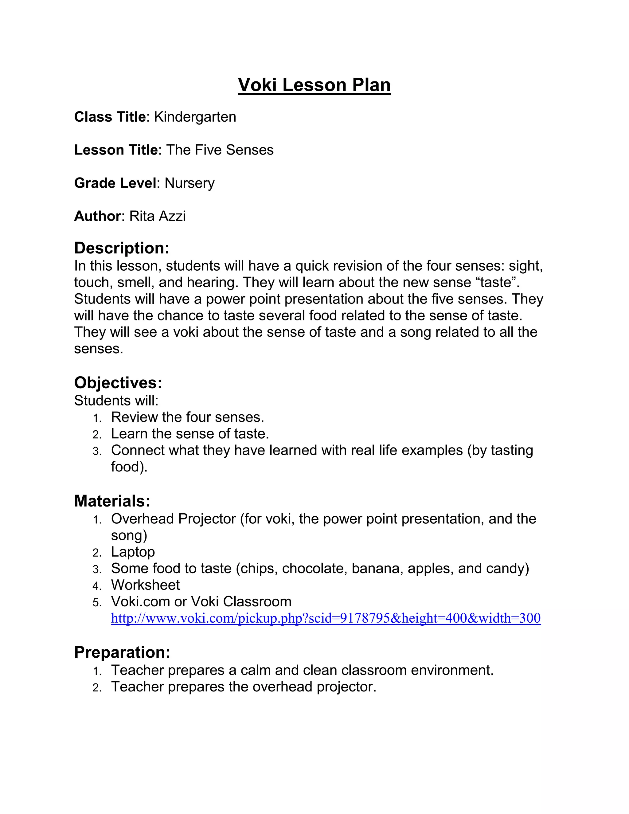 Voki lesson plan (5 Senses) | DOCX