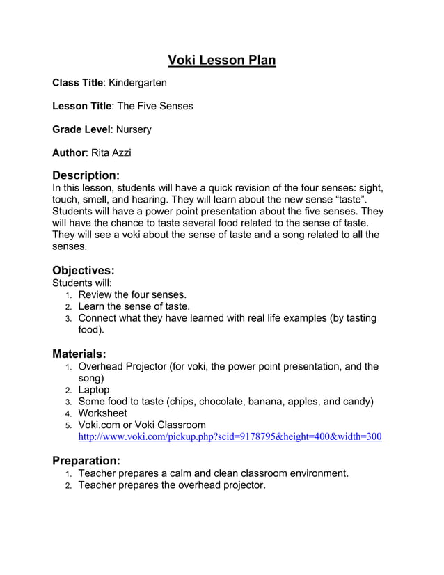 Voki lesson plan (5 Senses) | PDF
