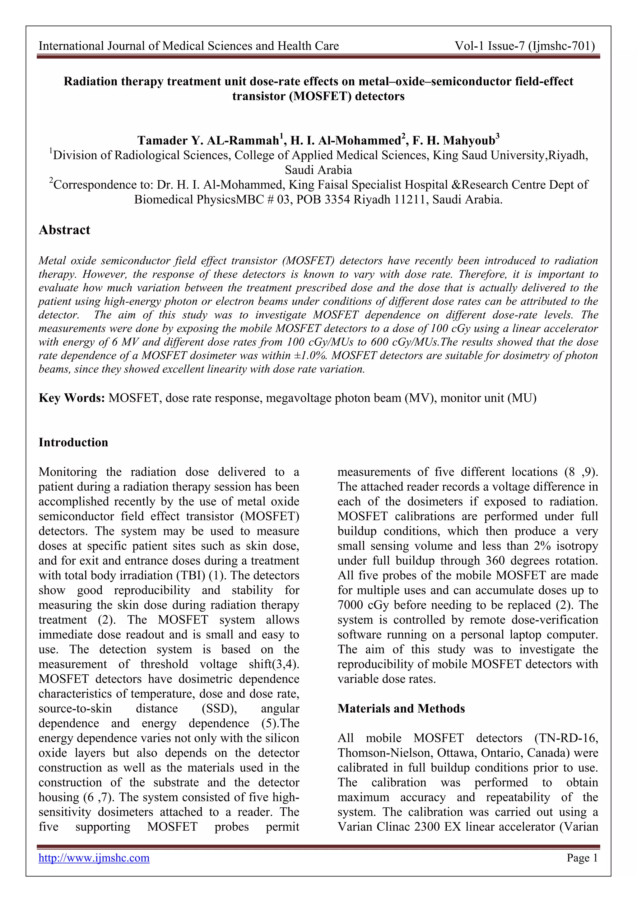Vol 1,issue 7 Radiation therapy treatment unit dose-rate effects on metal–oxide–semiconductor ...