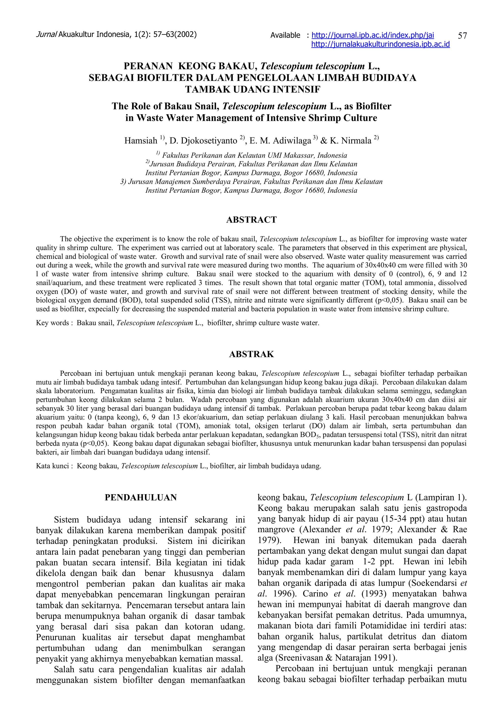 PERANAN KEONG BAKAU, Telescopium telescopium L., SEBAGAI BIOFILTER ...