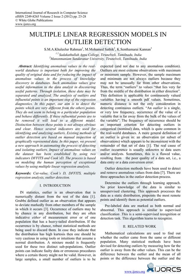 Multiple Linear Regression Models In Outlier Detection Pdf