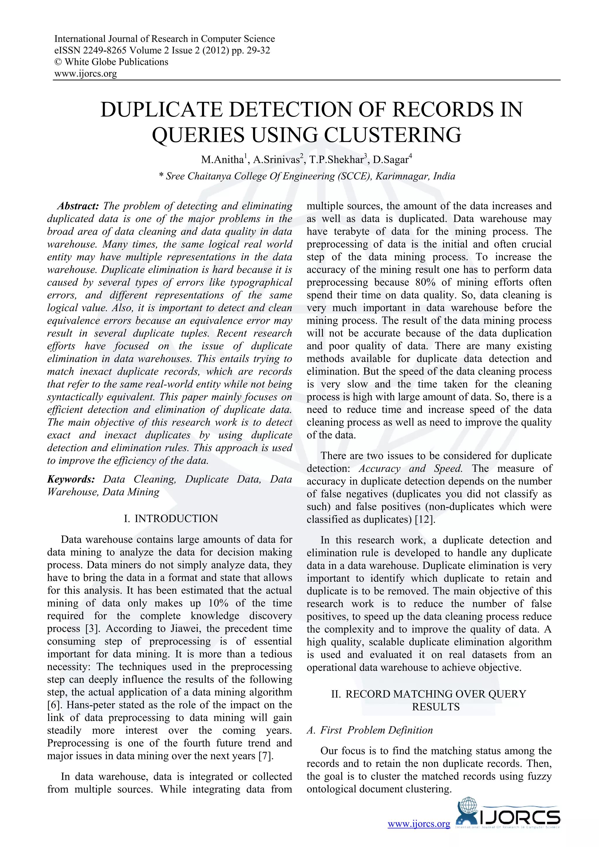 Duplicate Detection of Records in Queries using Clustering | PDF