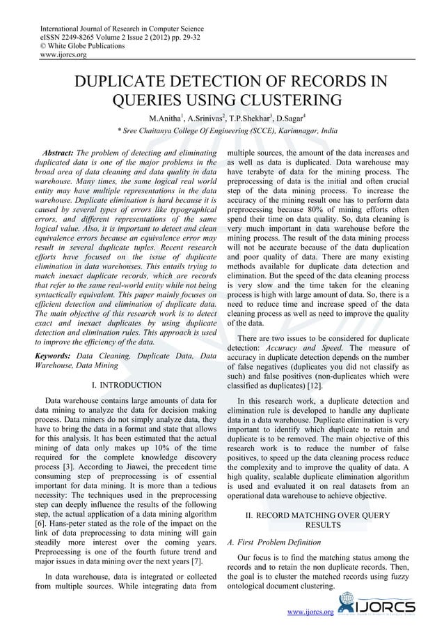 Duplicate Detection Of Records In Queries Using Clustering Pdf