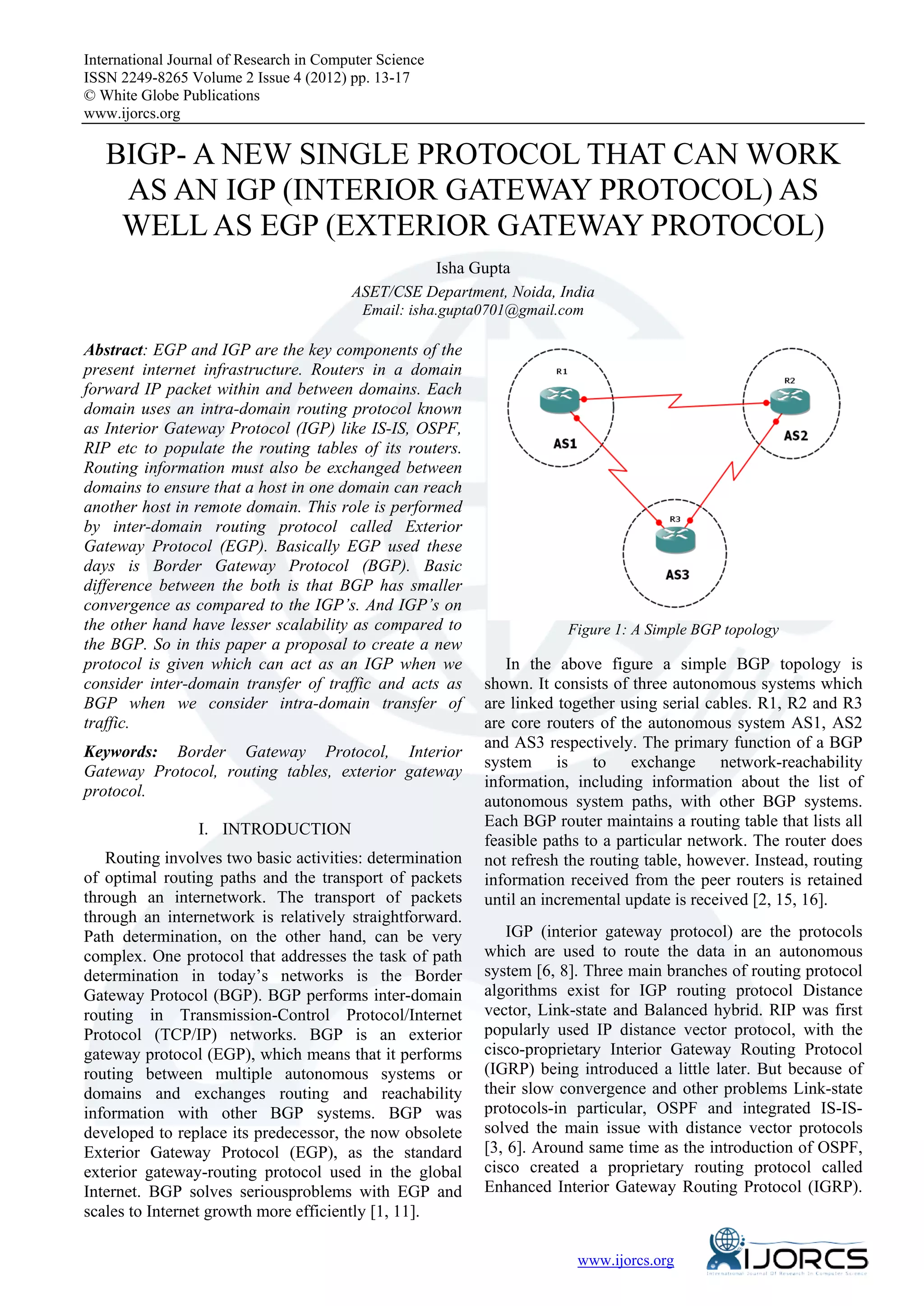 BIGP- A New Single Protocol that can work as an IGP (Interior Gateway ...