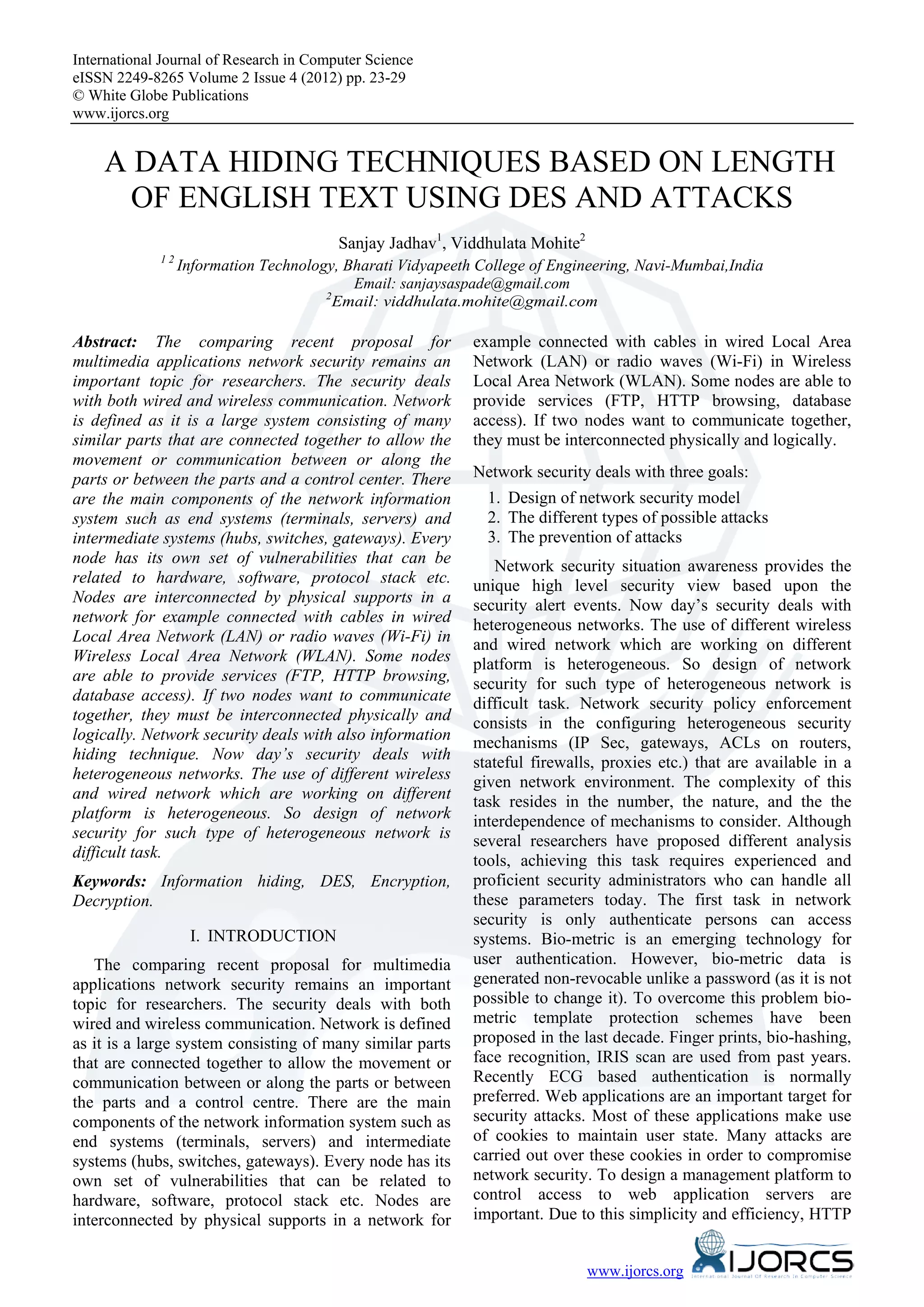 A Data Hiding Techniques Based on Length of English Text using DES and Attacks | PDF