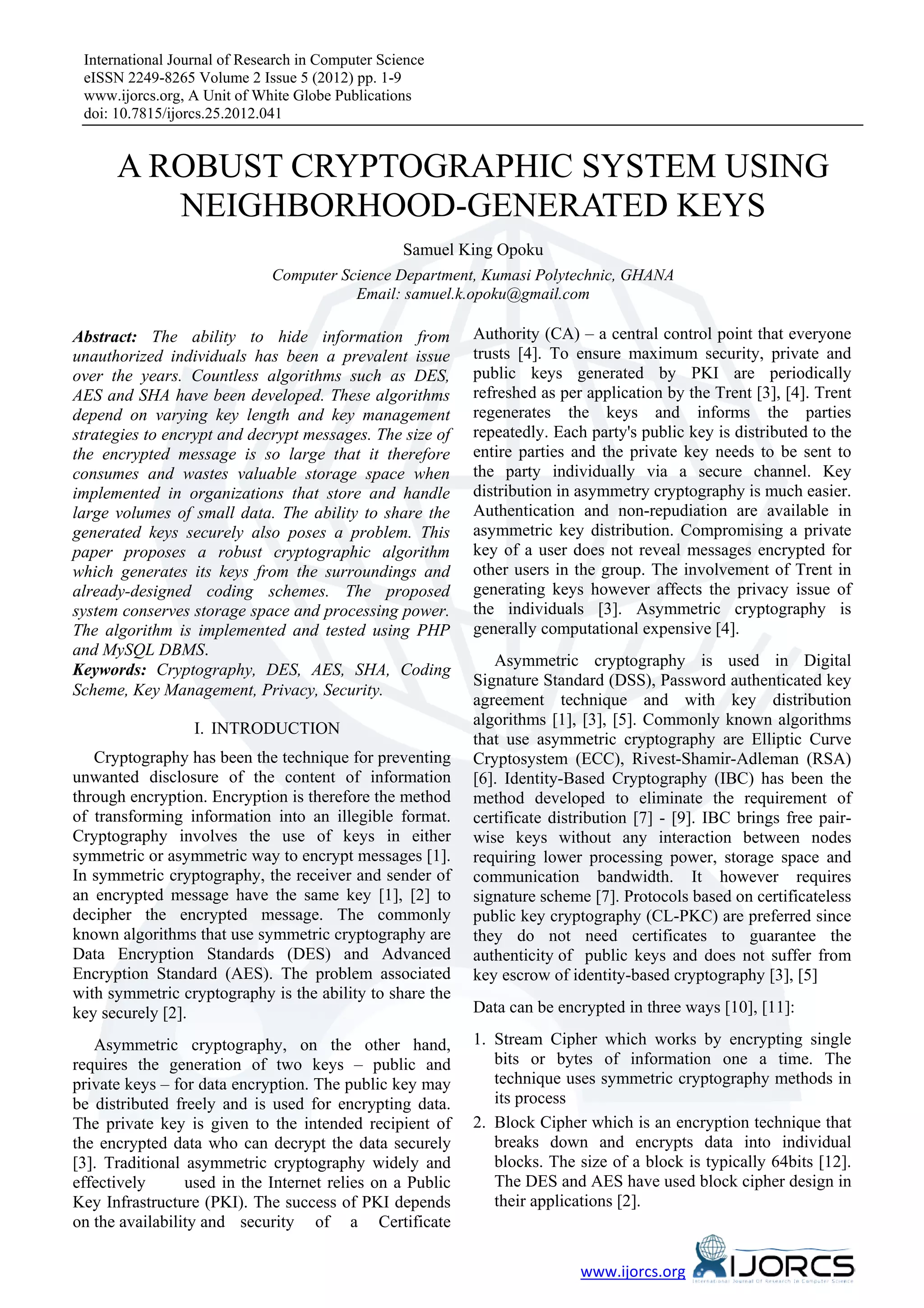 A Robust Cryptographic System Using Neighborhood Generated Keys Pdf