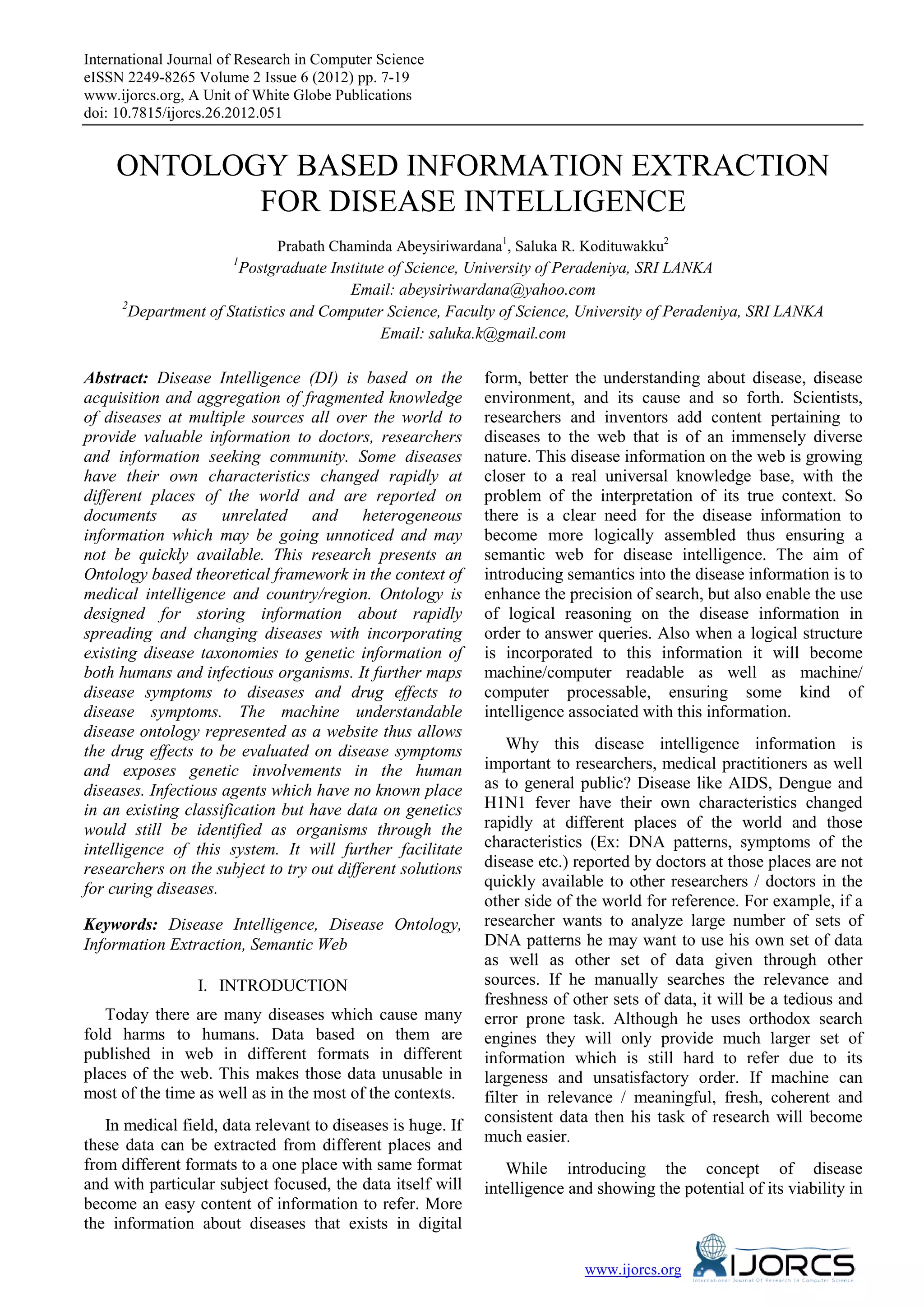 Ontology Based Information Extraction for Disease Intelligence | PDF