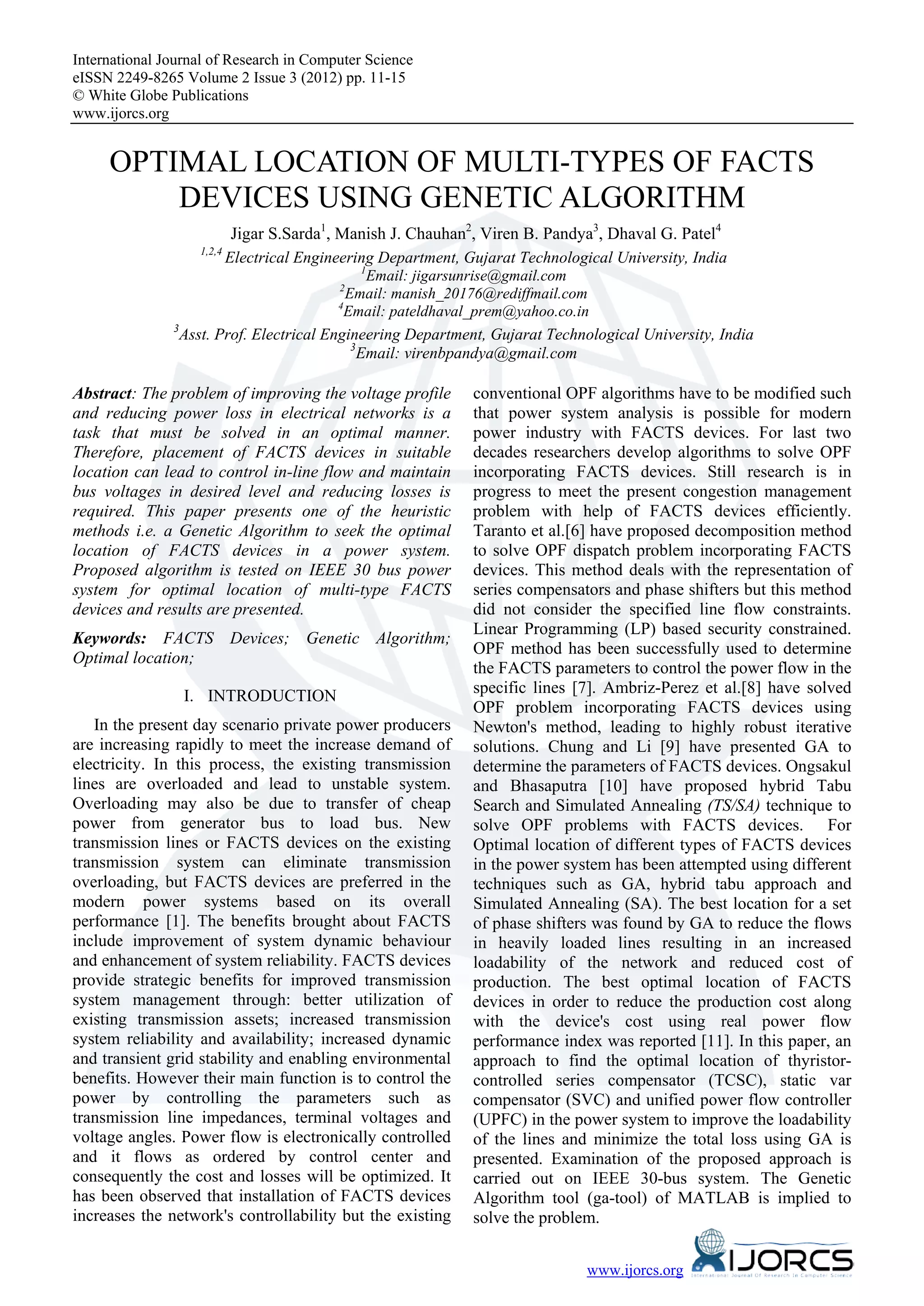 Optimal Location of Multi-types of FACTS Devices using Genetic Algorithm | PDF