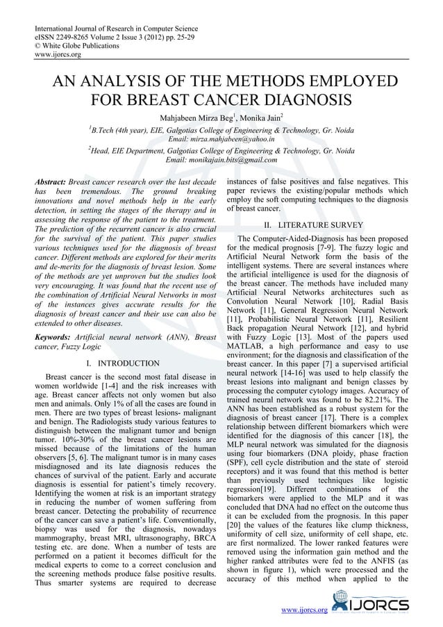 An Analysis of The Methods Employed for Breast Cancer Diagnosis | PDF