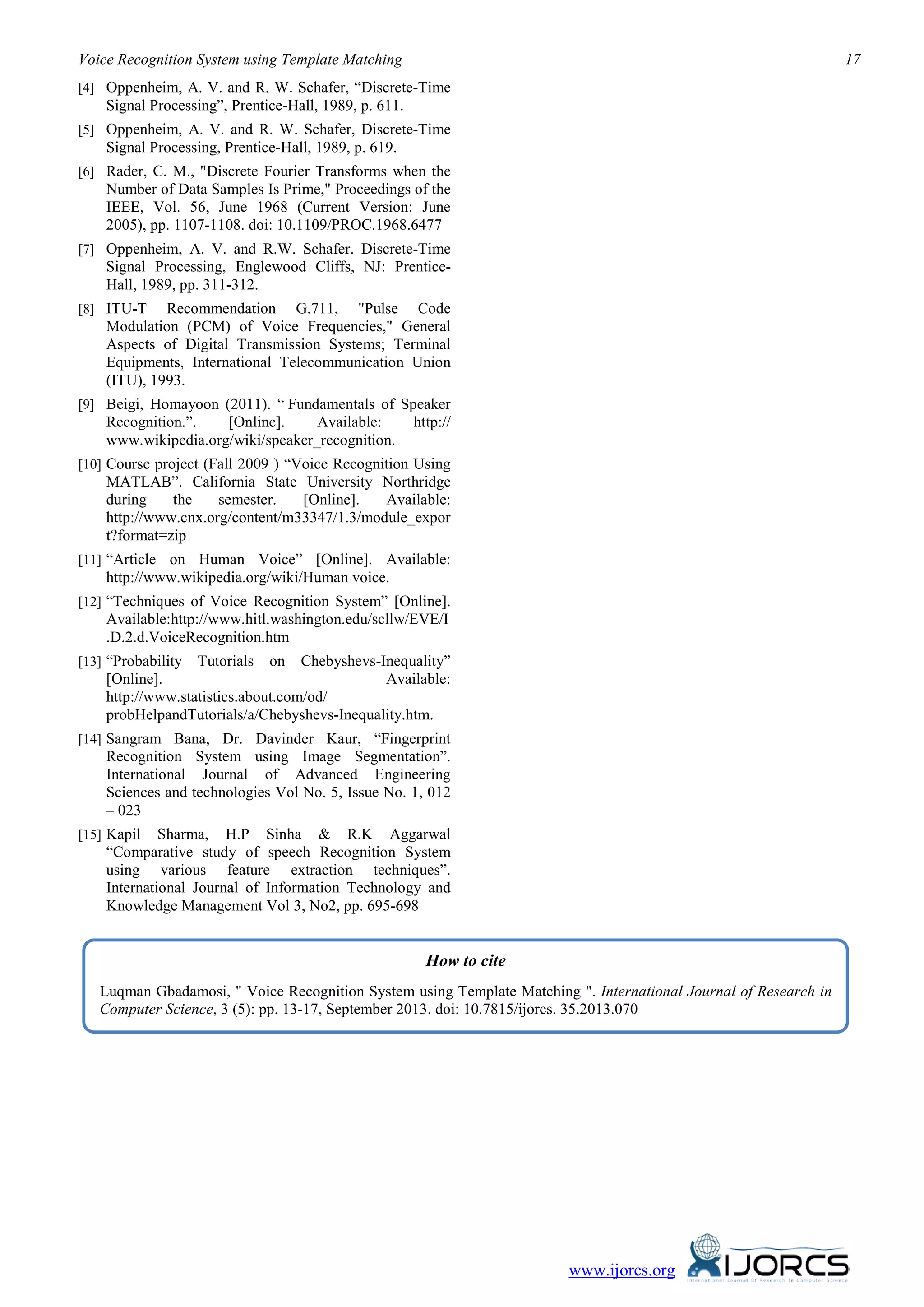 Voice Recognition System using Template Matching | PDF