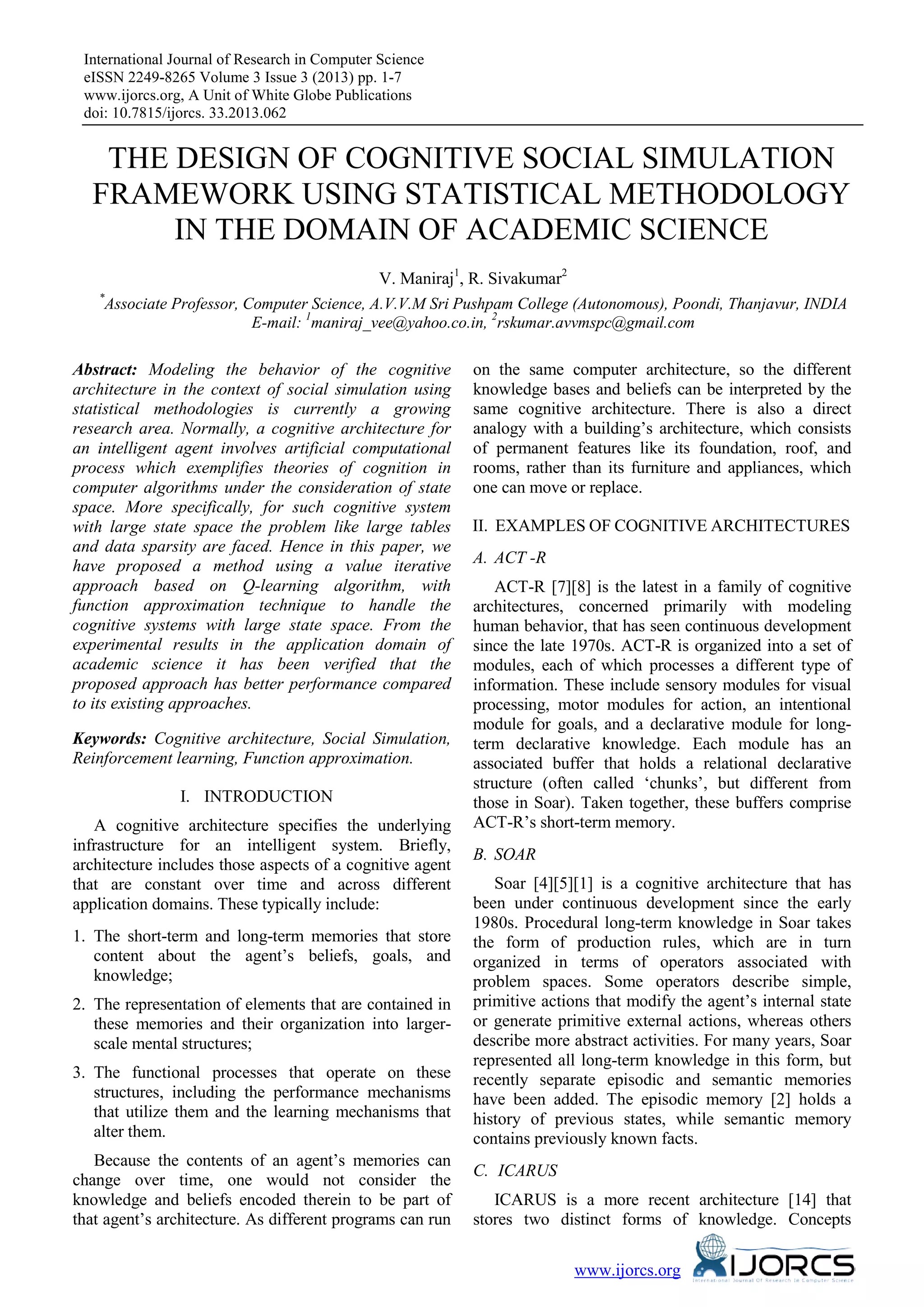 The Design Of Cognitive Social Simulation Framework Using Statistical