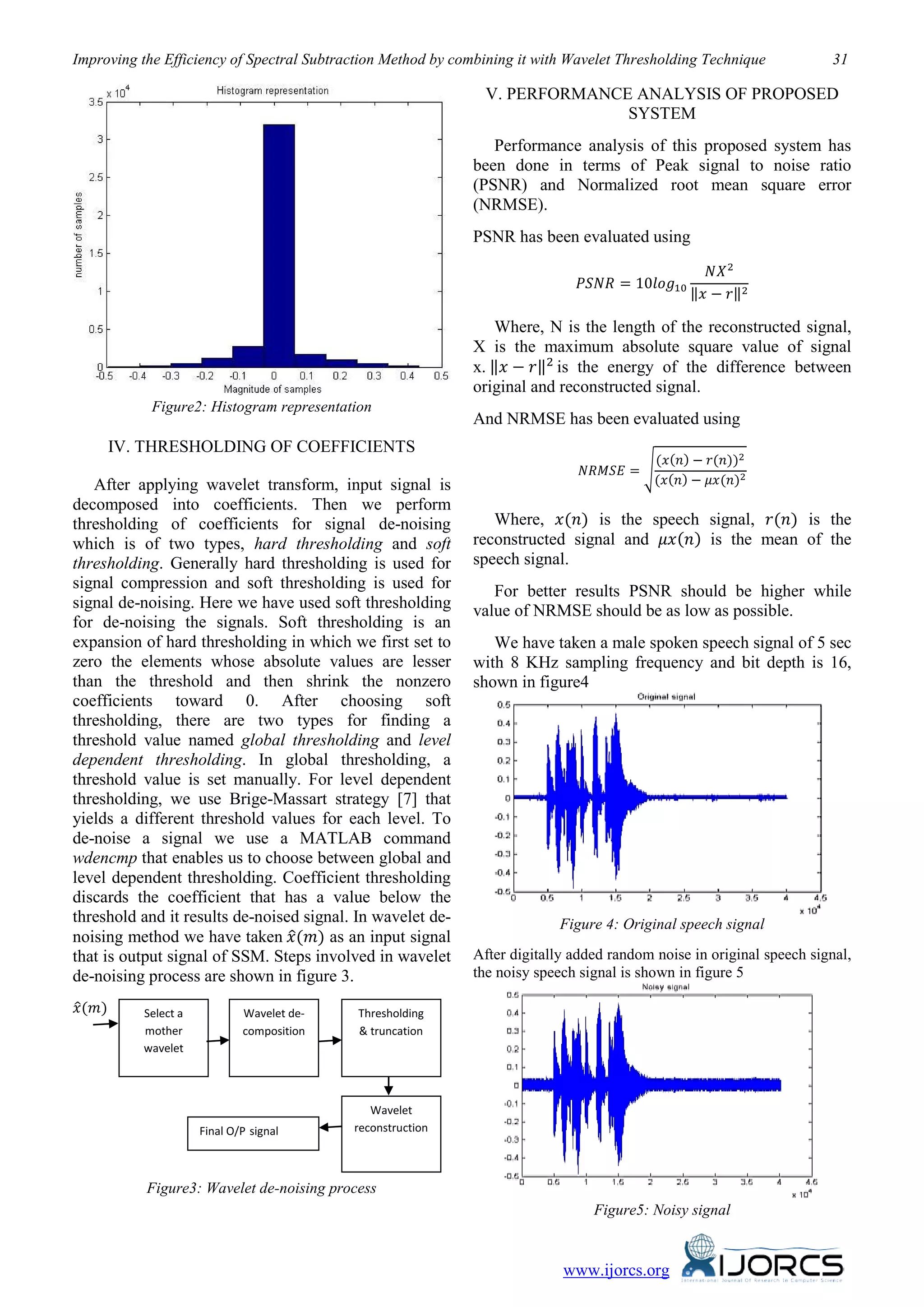 Improving The Efficiency Of Spectral Subtraction Method By Combining It With Wavelet