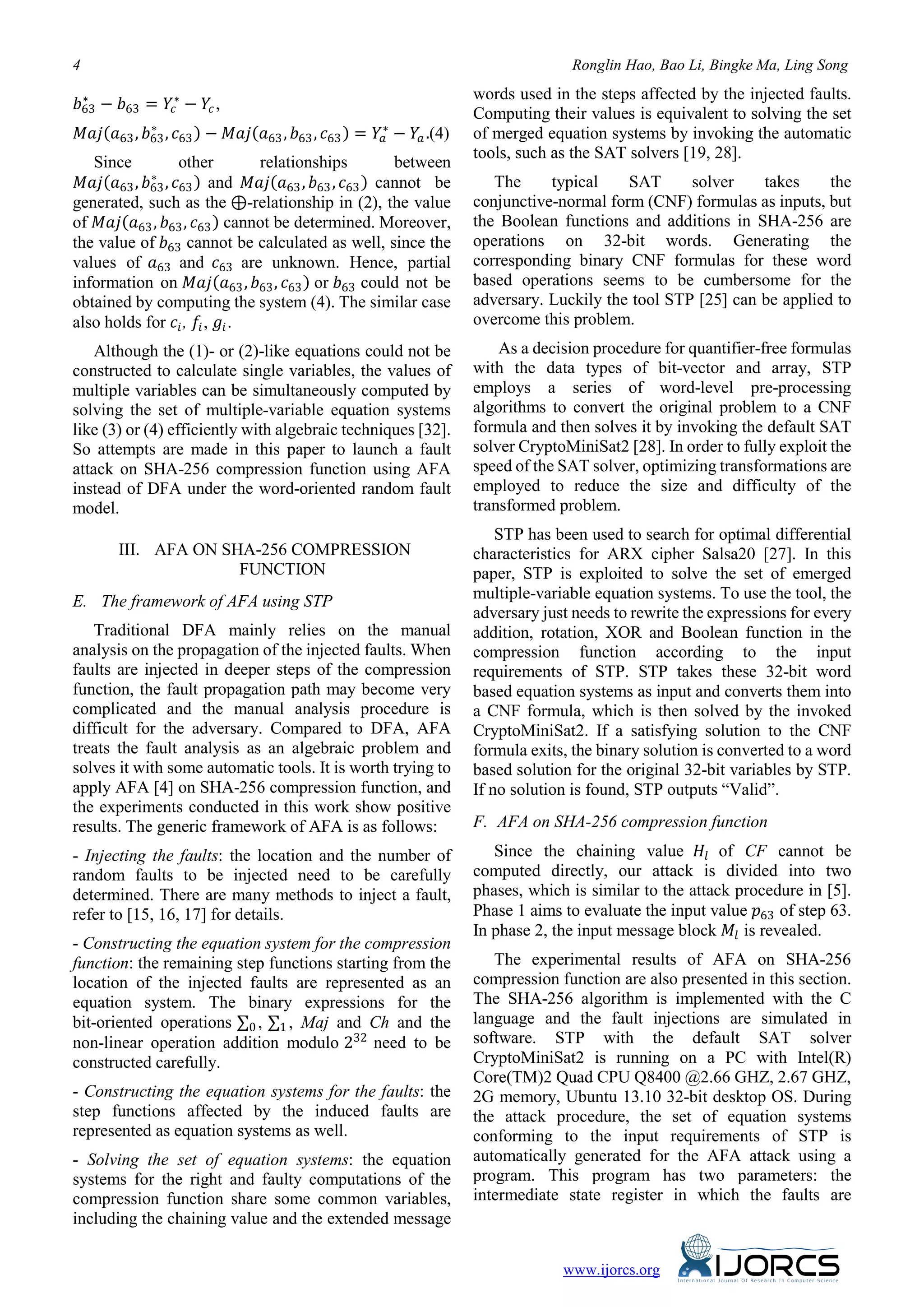 Algebraic Fault Attack on the SHA-256 Compression Function | PDF