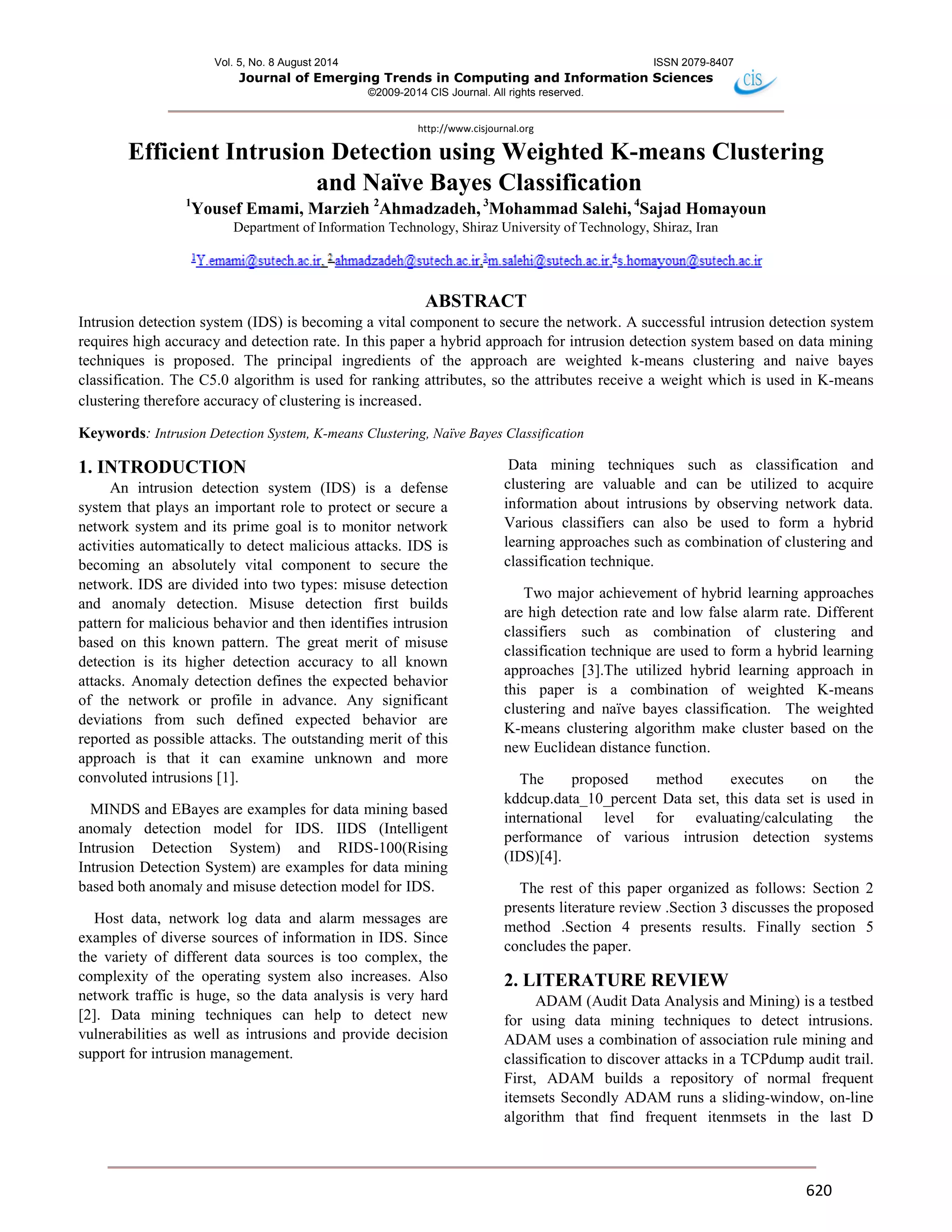 Efficient Intrusion Detection using Weighted K-means Clustering and Naïve Bayes Classification | PDF