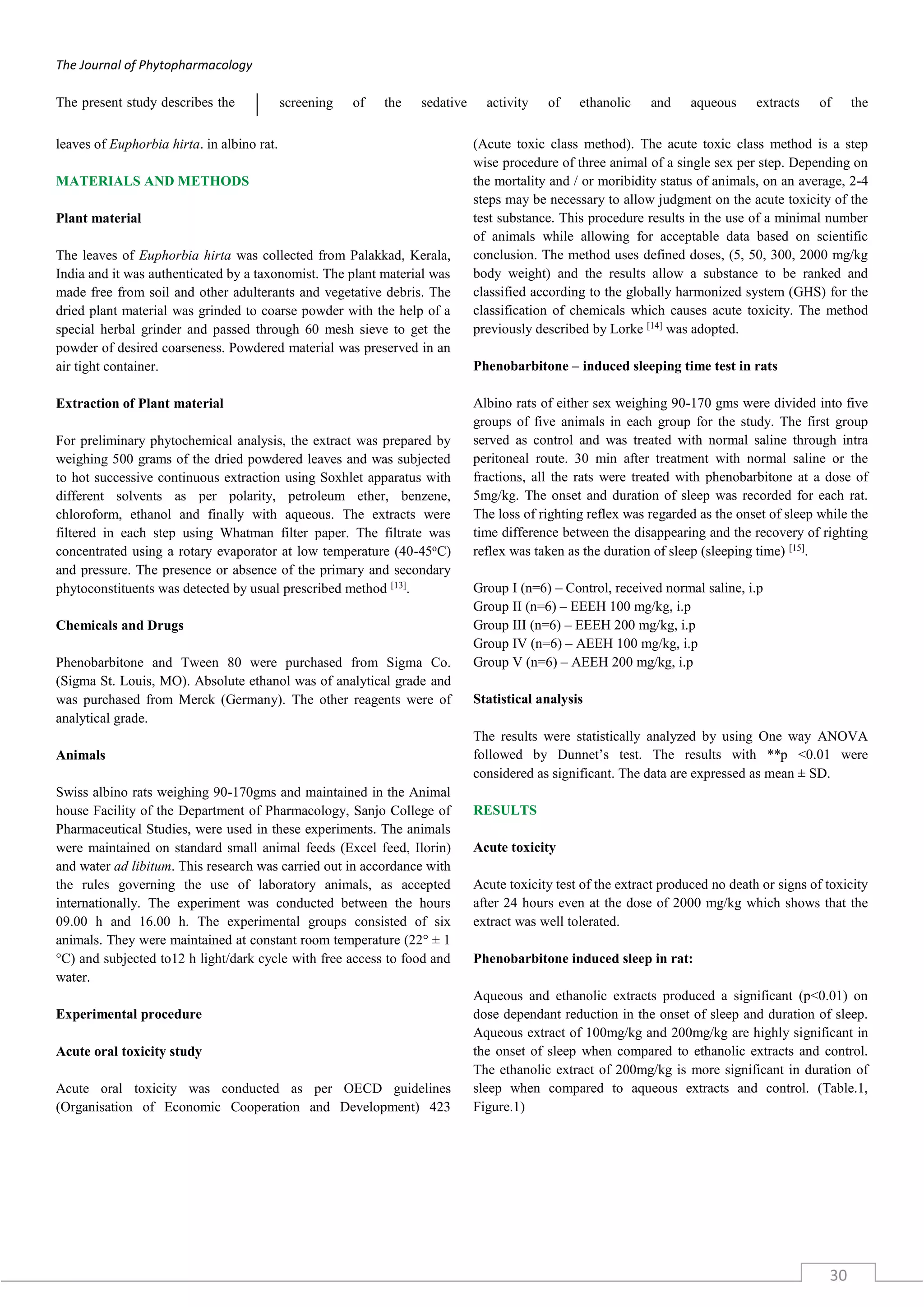 SEDATIVE ACTIVITY OF ETHANOLIC AND AQUEOUS EXTRACTS OF EUPHORBIA HIRTA ...