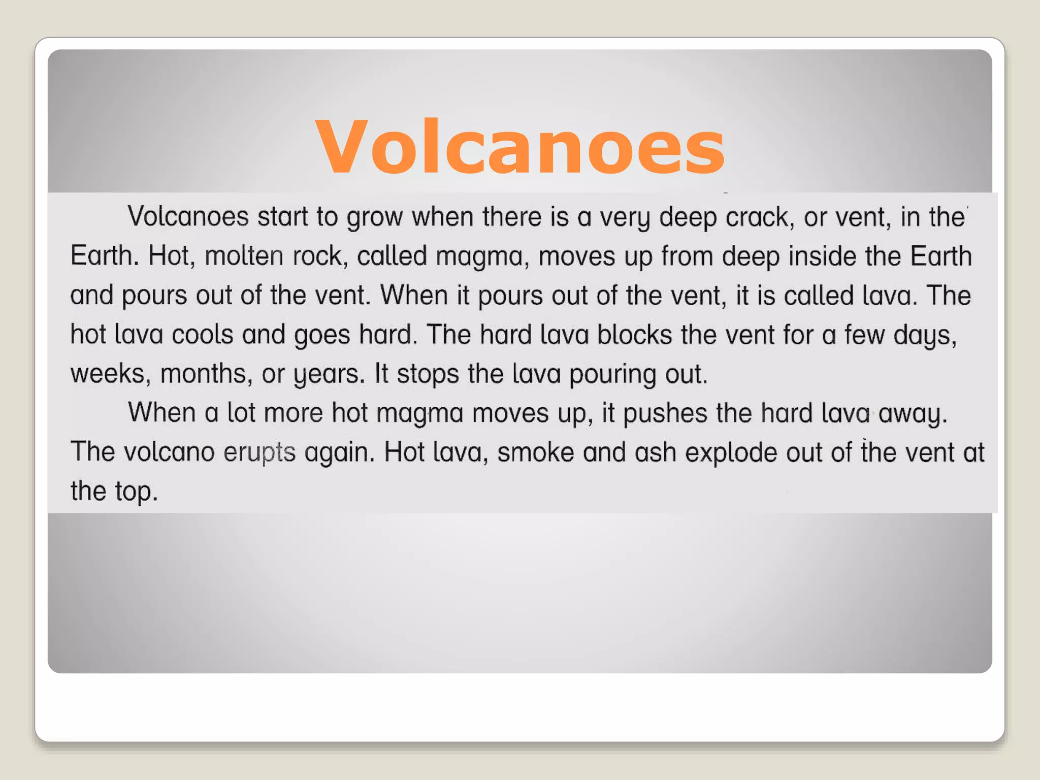 Volcanoes reading-comprehension-exercises 60296 | PPTX